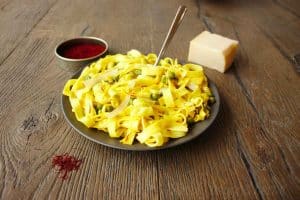 Creamy Saffron Pasta Recipe with leeks and peas - SimplyBeyondHerbs