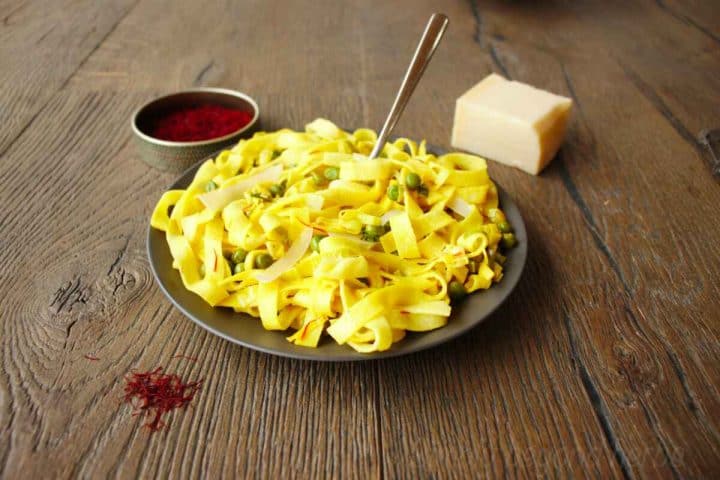 Creamy Saffron Pasta Recipe with leeks and peas - SimplyBeyondHerbs