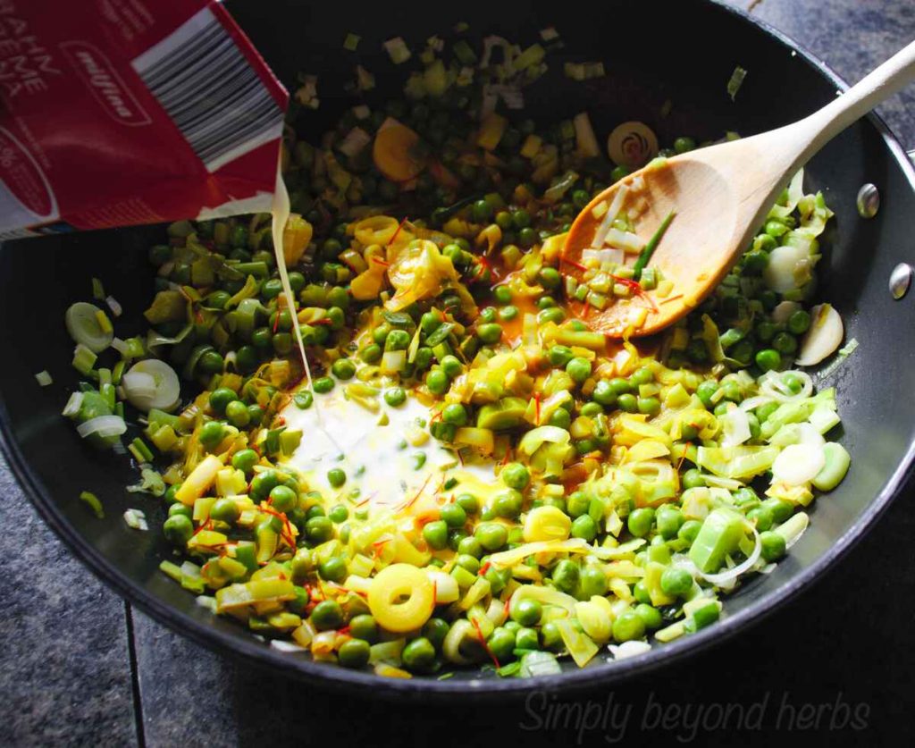 Creamy Saffron Pasta Recipe with leeks and peas - SimplyBeyondHerbs