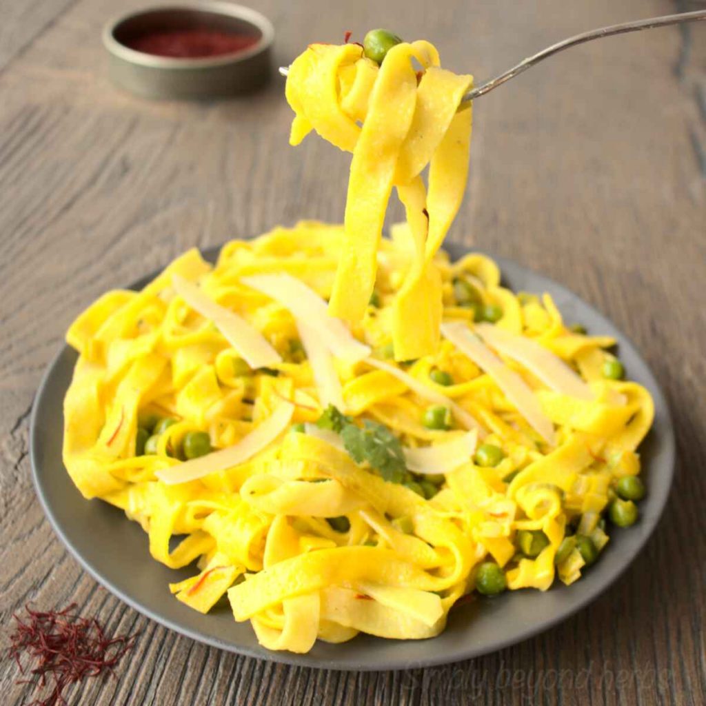 Creamy Saffron Pasta Recipe with leeks and peas - SimplyBeyondHerbs