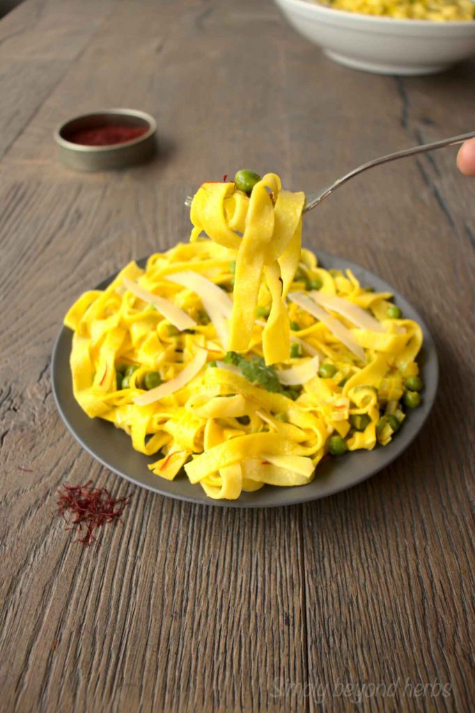 Creamy Saffron Pasta Recipe with leeks and peas - SimplyBeyondHerbs